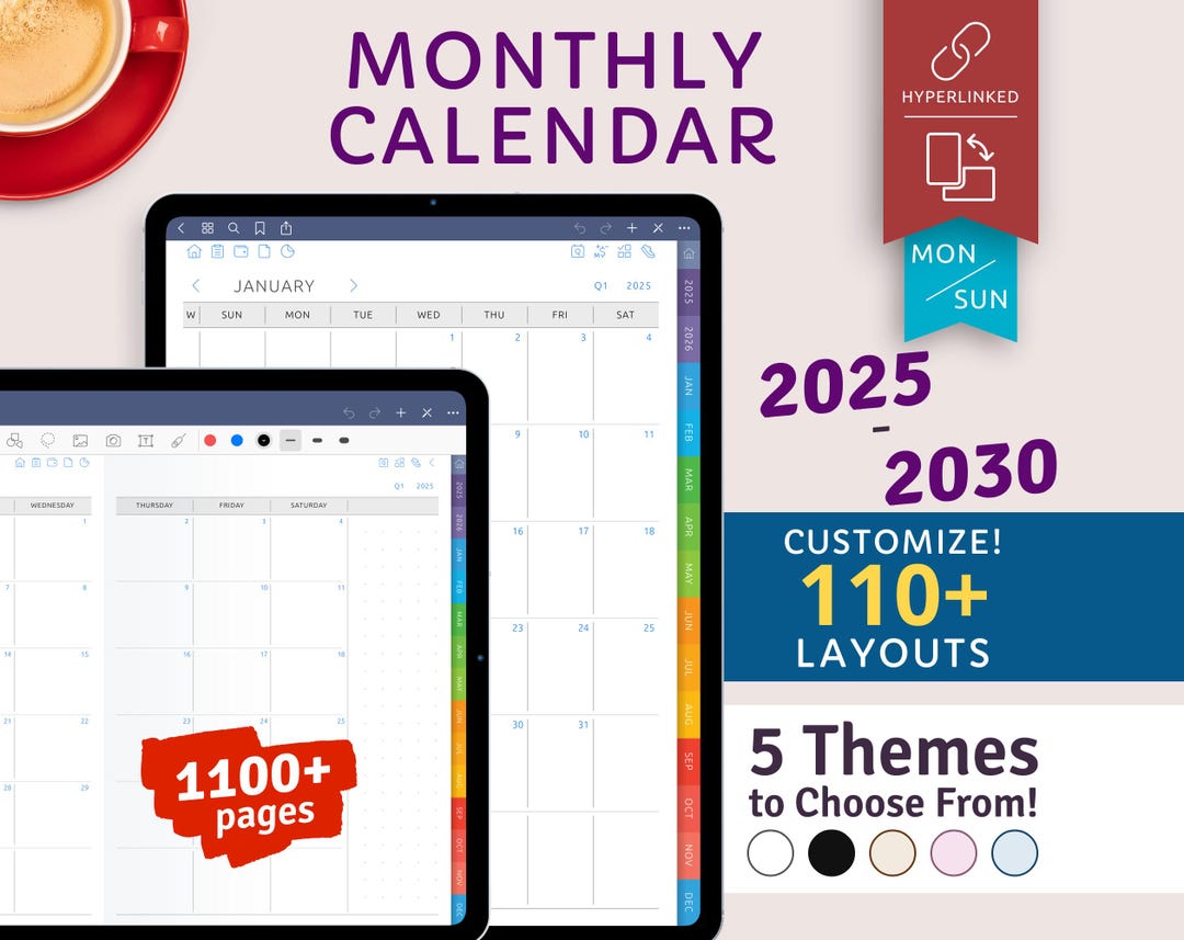 2025 - 2030 Customizable Monthly Calendar for Android / iPad Tablet ...