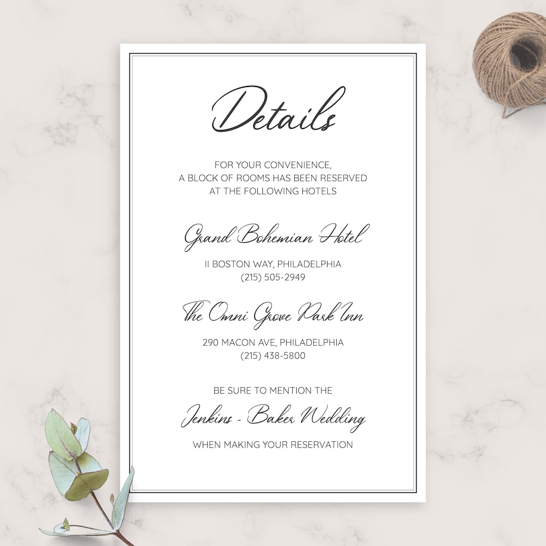 Simple Elegant Wedding Details Card, Wedding Accommodations Card ...