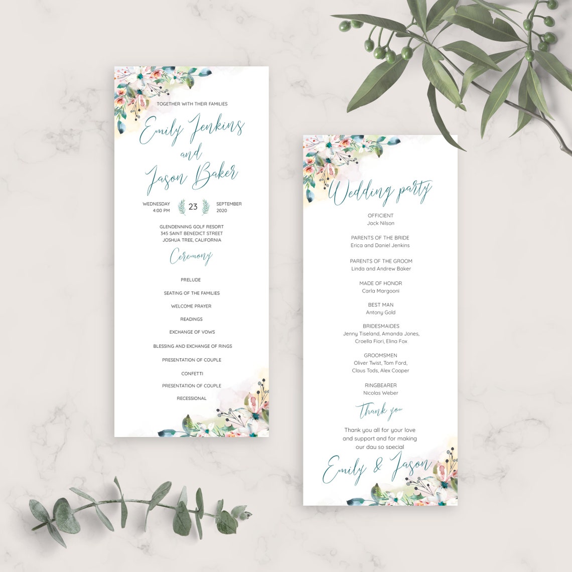 Botanical Wedding Program Template Program For Wedding | Etsy