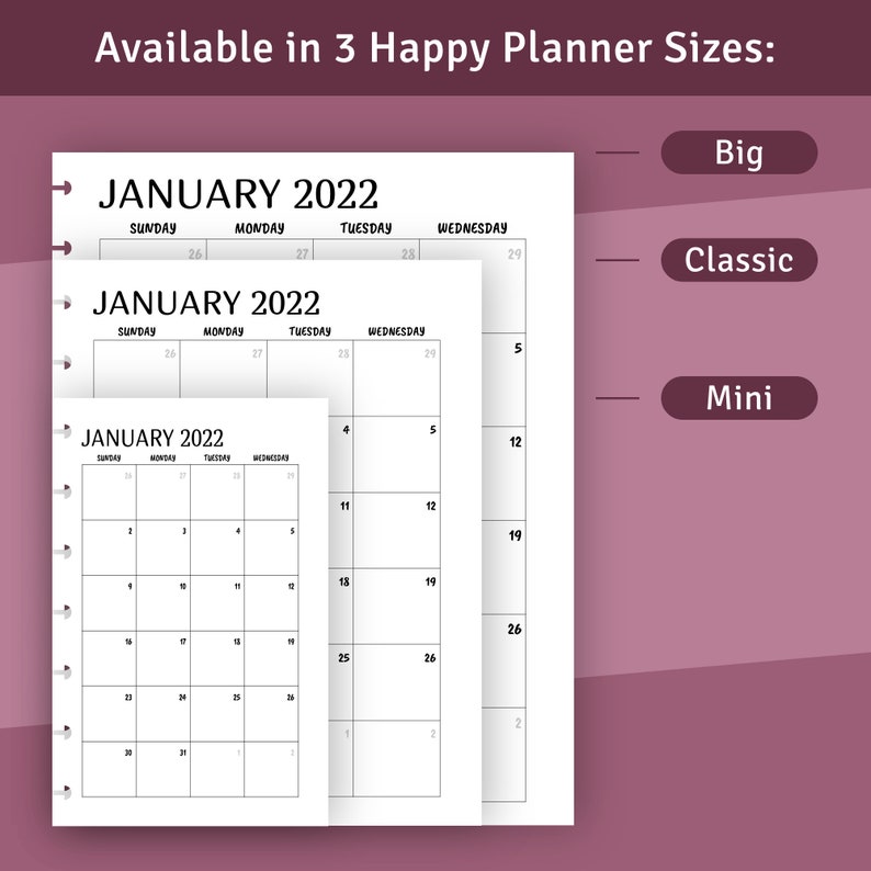 Happy Planner Monthly View Insert Printable Month on Two Page - Etsy