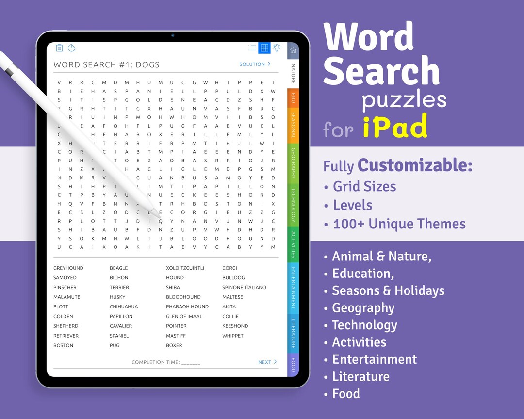IPad Word Search Puzzles. Digital Puzzles, Customizable Grid Sizes, 100 ...