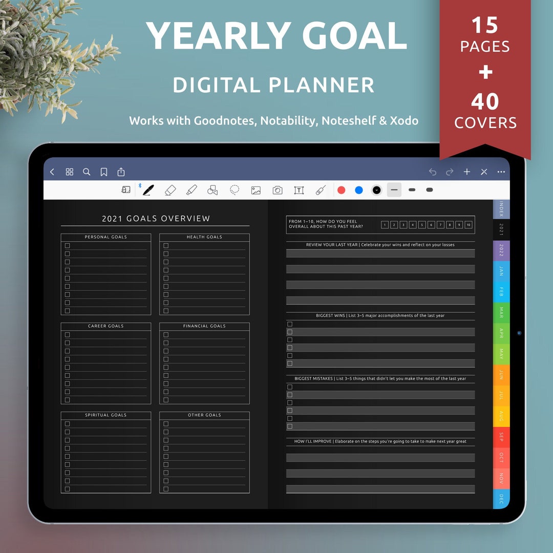 Digital Yearly Goal Planner Template for iPad or Android, Goodnotes ...