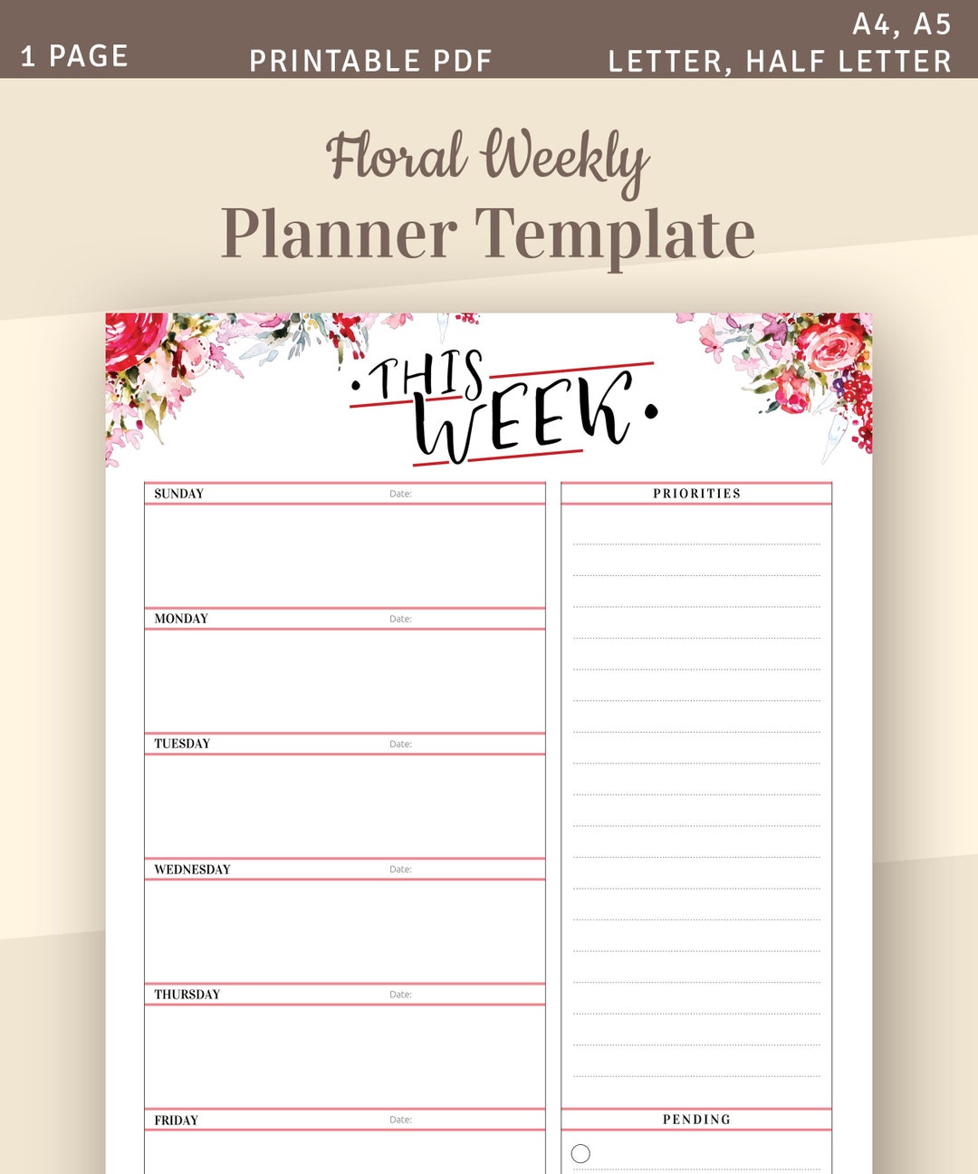 Floral Weekly Planner Template, Weekly Organizer, Undated Weekly Agenda ...