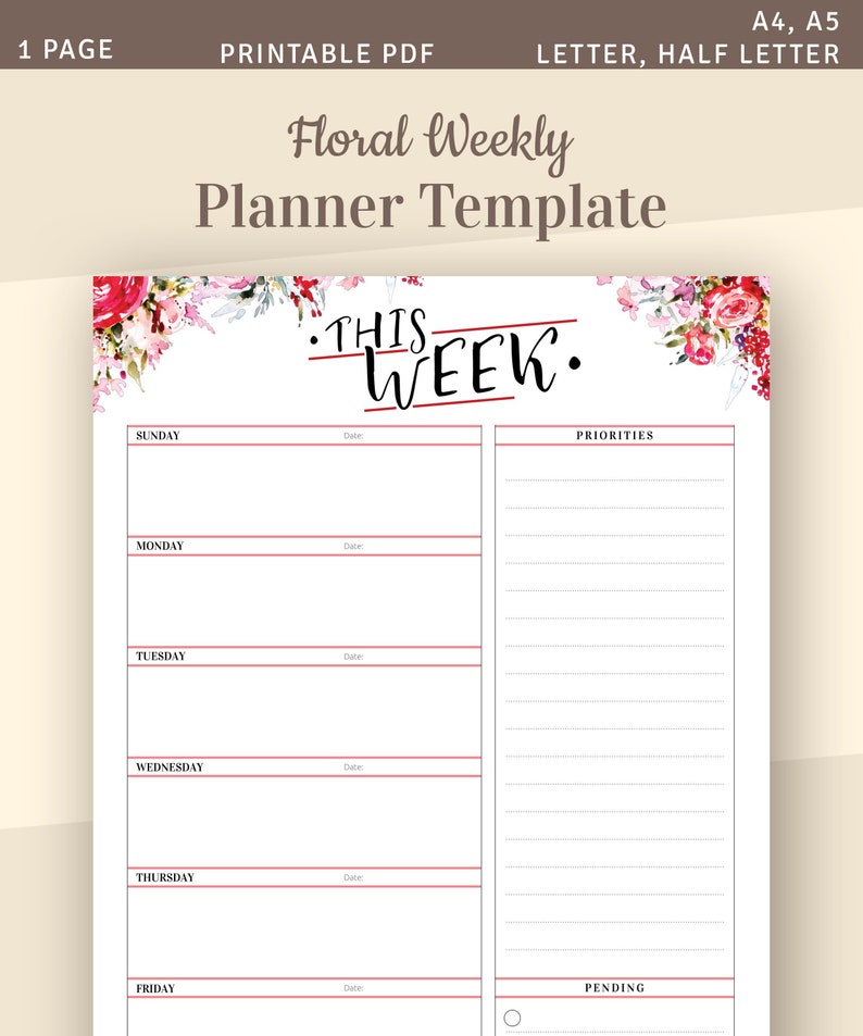 Floral Weekly Planner Template Weekly Organizer Undated - Etsy