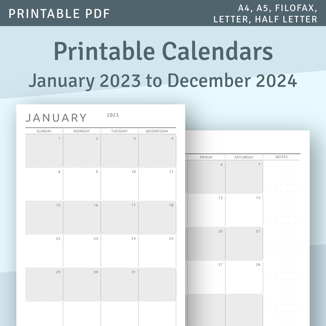 January 2024 to December 2024 Monthly Calendar With Notes, Printable ...