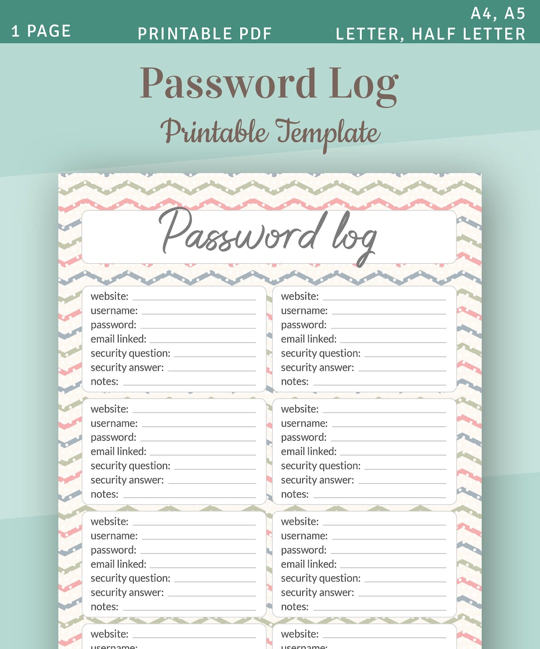 Printable Password Log Tracker, Password List (PDF Template) - Etsy