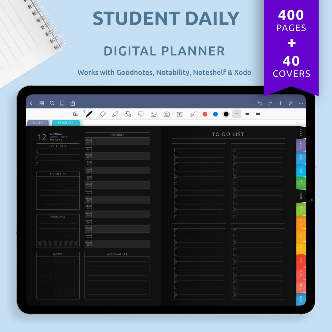 Student Digital Planner, Study Journal Templates, 40 Covers (for ...