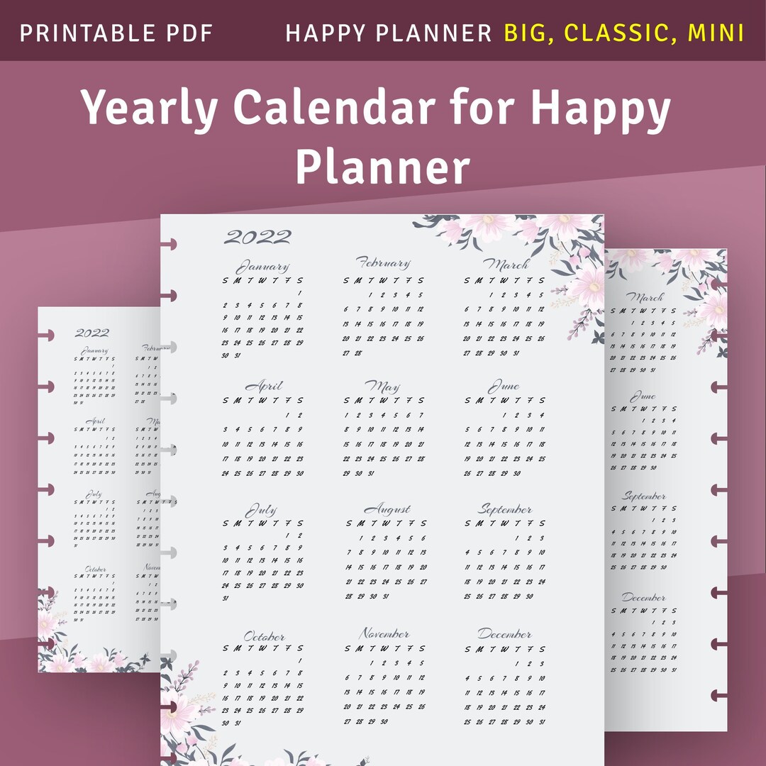 Yearly Calendar Pages for Happy Planner Classic / Big / Mini, Printable ...