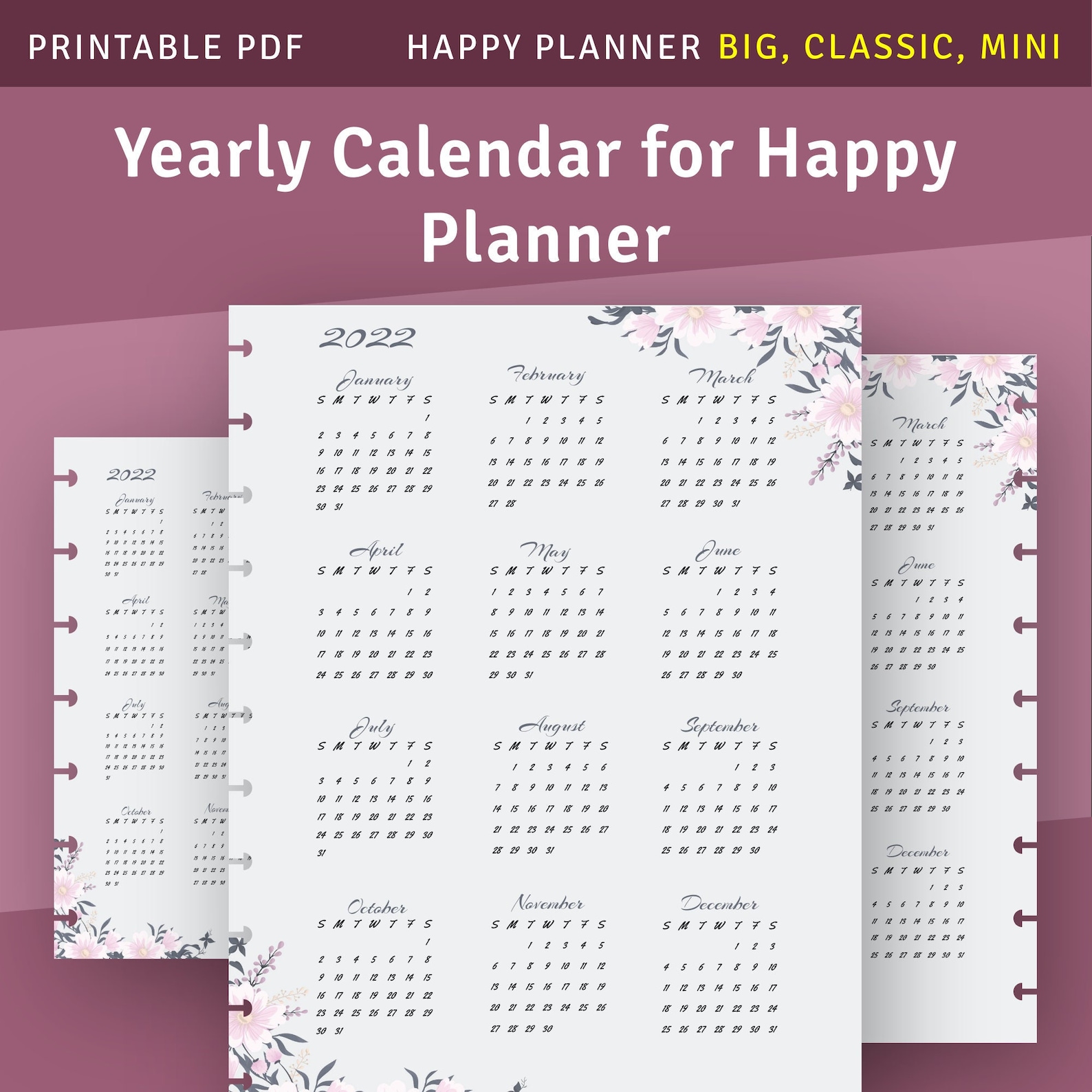 Yearly Calendar Pages for Happy Planner Classic / Big / Mini | Etsy