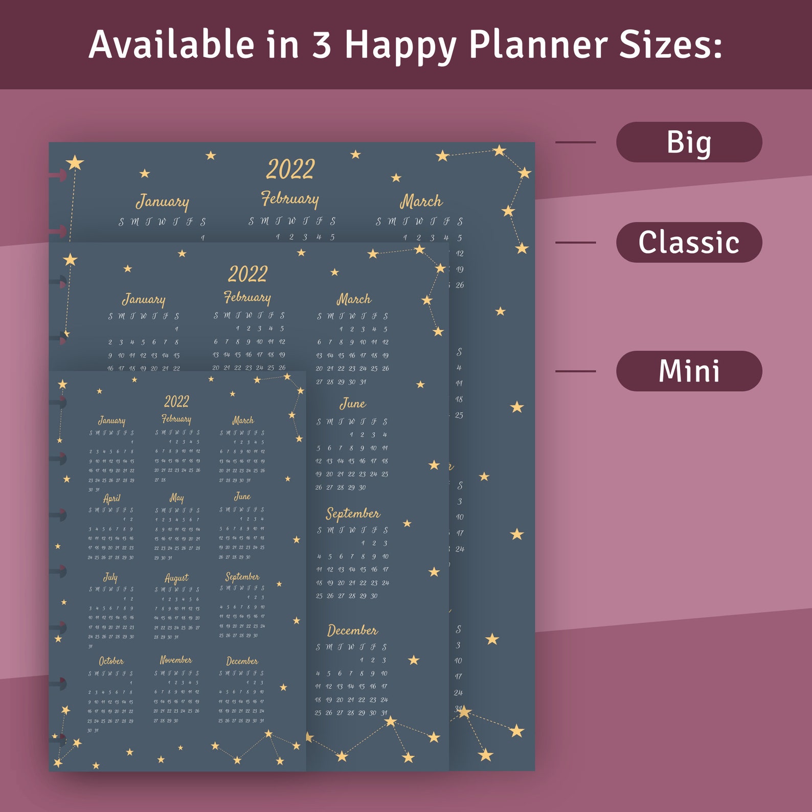 Printable Yearly Calendar for Happy Planner Classic / Big / Mini, Year ...