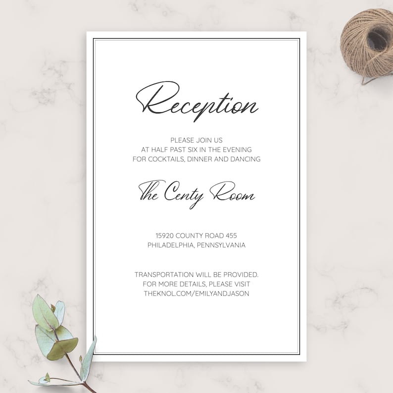 Simple Elegant Wedding Reception Card DIY Printable Wedding - Etsy