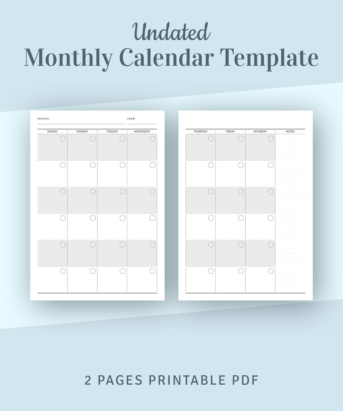 Undated Monthly Calendar Template, Two-page Planner (PDF A4 A5 Letter ...