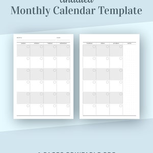 Undated Monthly Calendar Printable Template, Monthly Planner, Month on ...