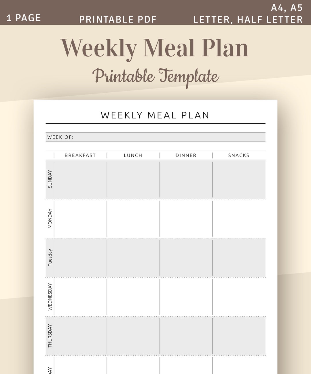 Weekly Meal Planner Printable, Family Menu Template (PDF Insert) - Etsy