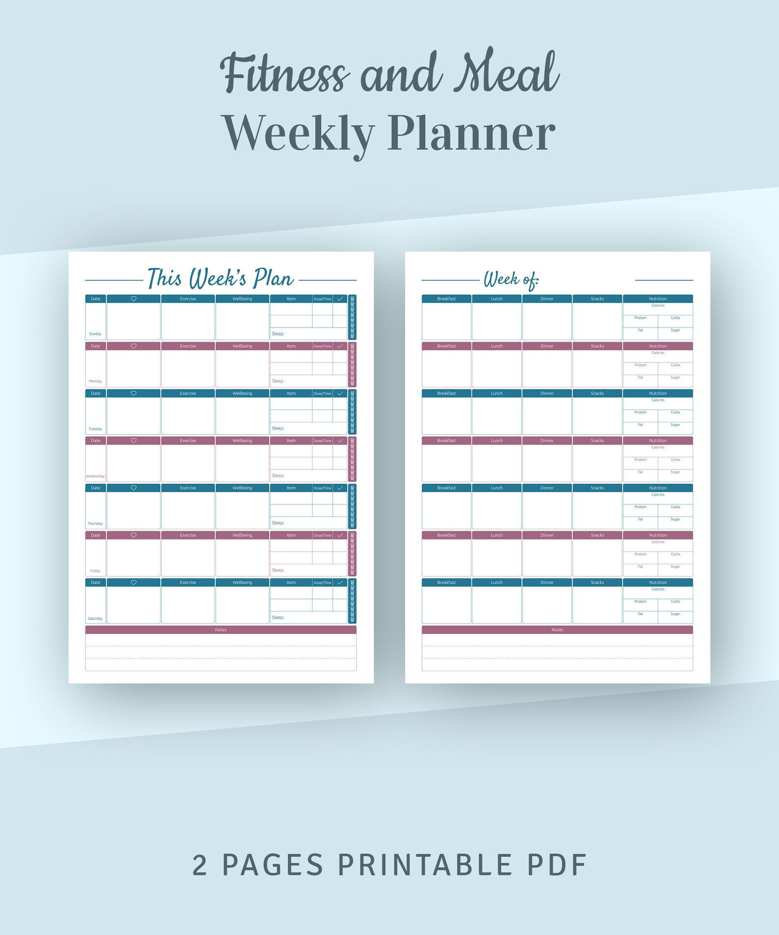 Weekly Fitness & Meal Planner Weekly Workout Planner | Etsy