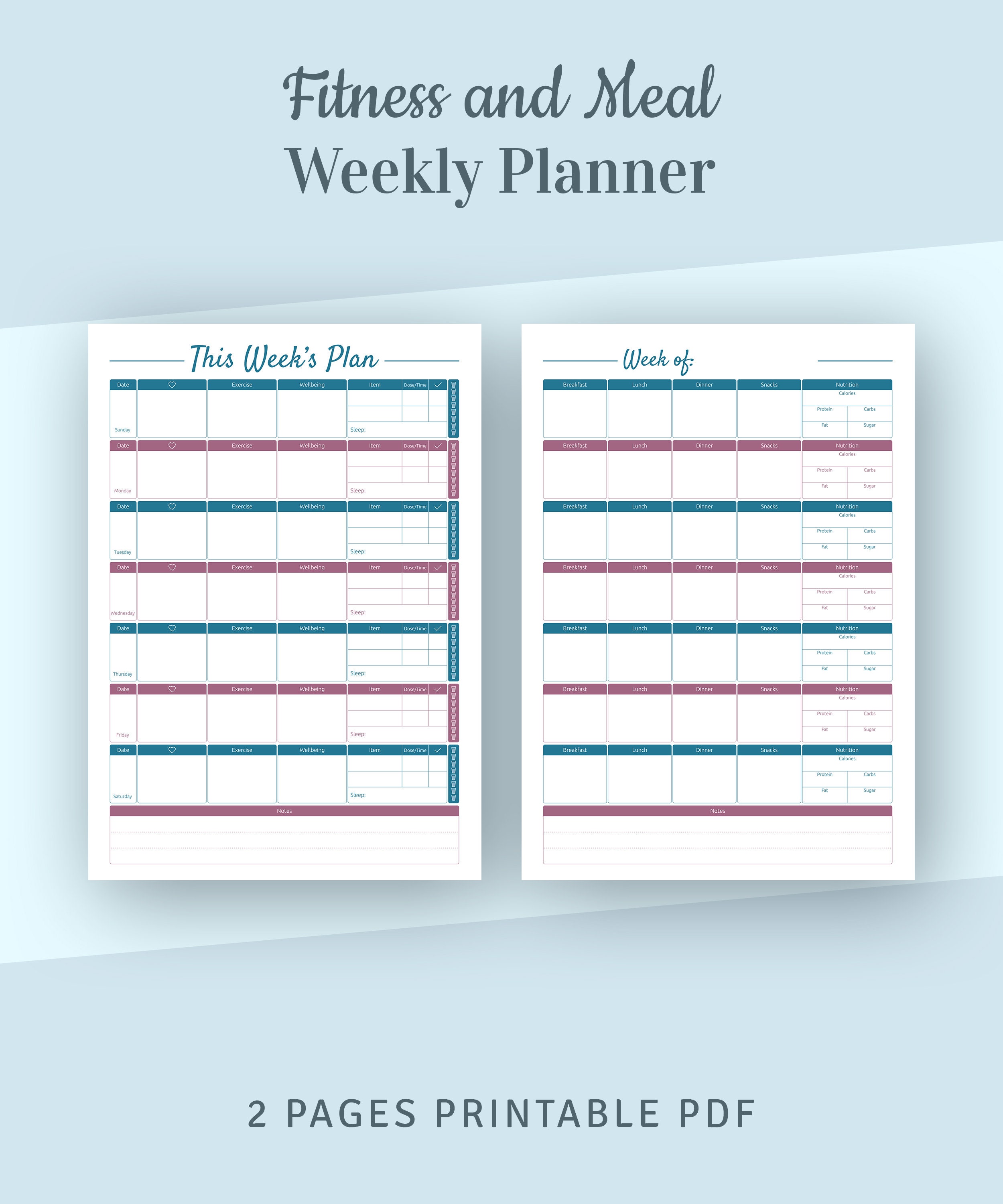 Weekly Fitness & Meal Planner Weekly Workout Planner | Etsy
