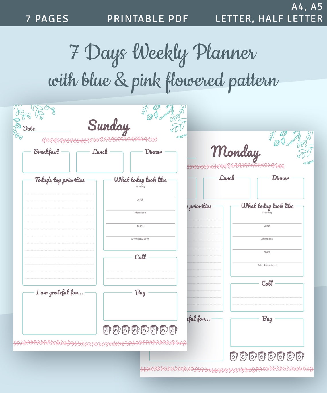 7 Days Weekly Planner With Blue & Pink Flowered Pattern, Weekly Agenda ...