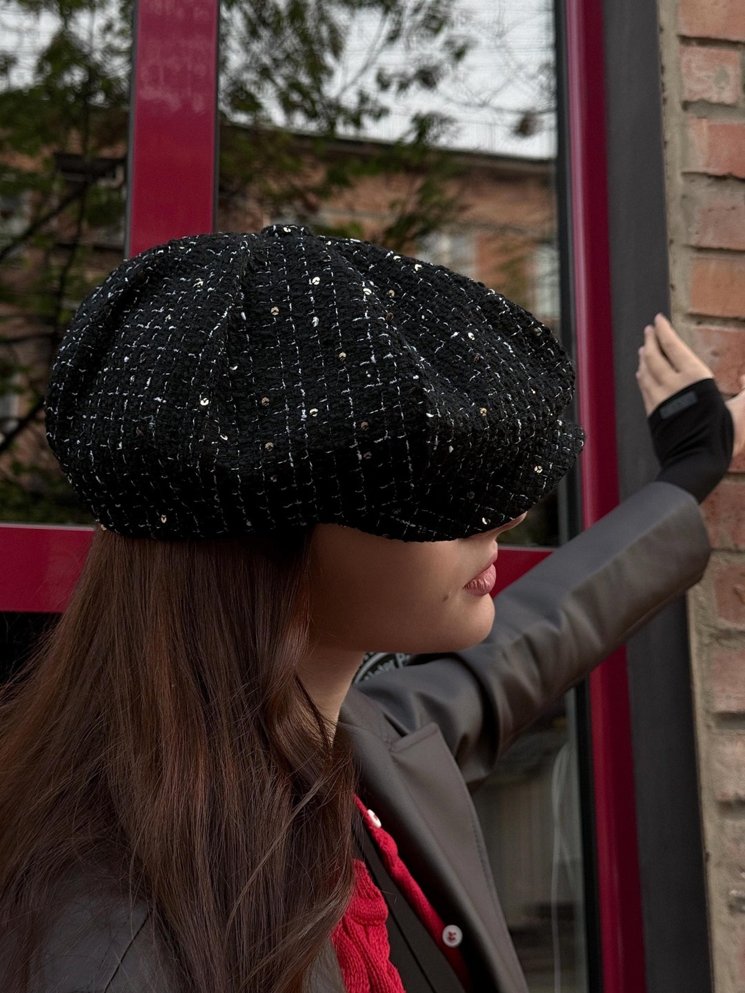 Oversized Newsboy Tweed Hat,gavroche Black Hat,tweed Cabbie Hat,black ...