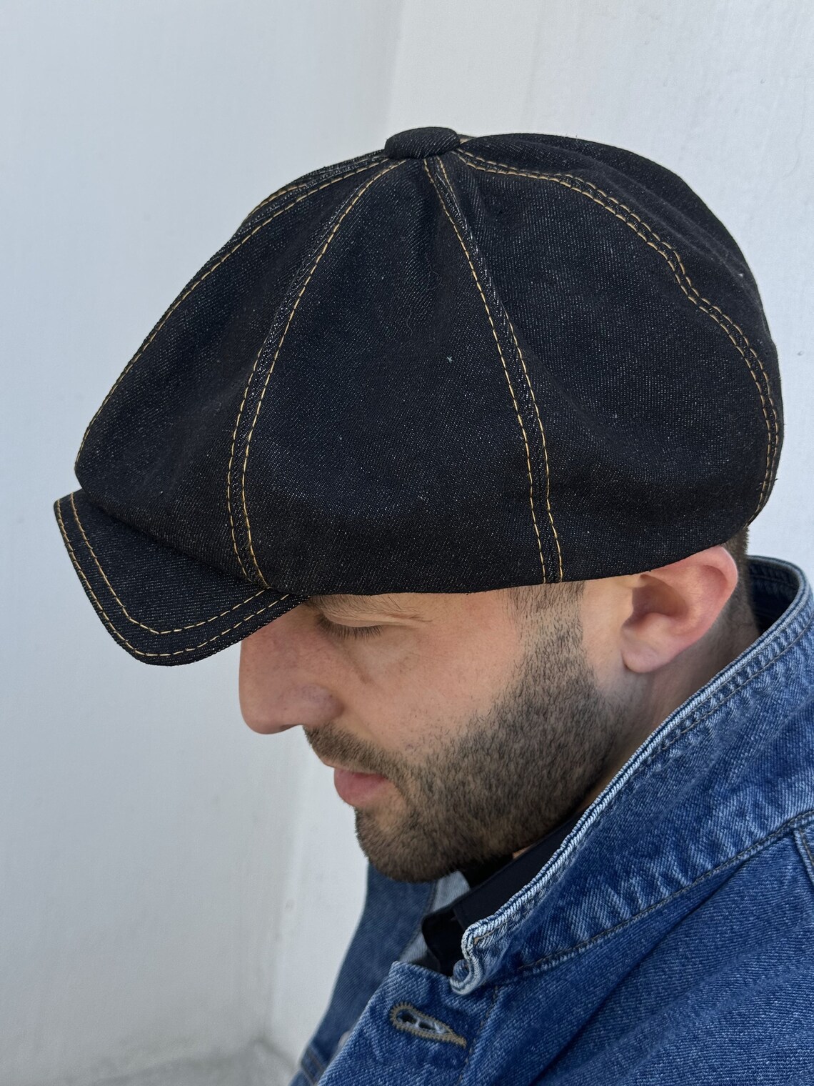Black Denim Newsboy Cap,denim Applejack Cap Men,black Cabbie Hat,denim ...