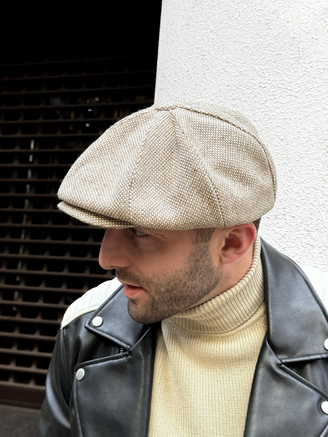 Mod Beige-white Tweed Hat,spring Beige Mens Newsboy Cap,tweed Applejack ...