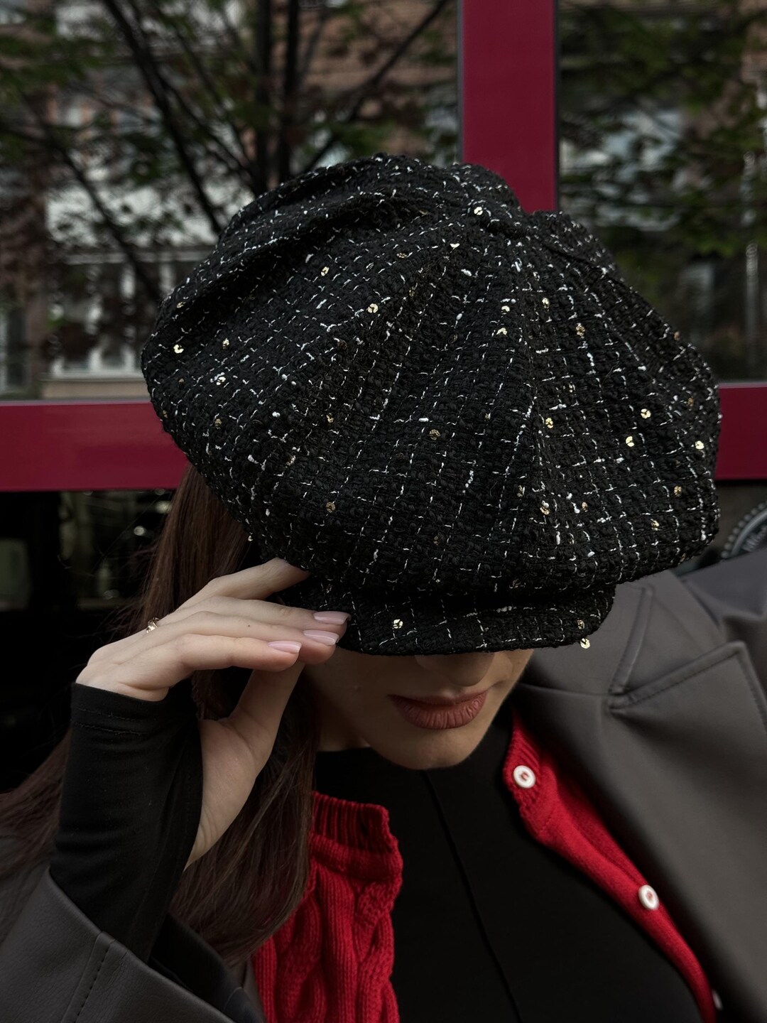 Black Oversized Tweed Hat,big Gavroche Hat for Women,big Volume Newsboy ...