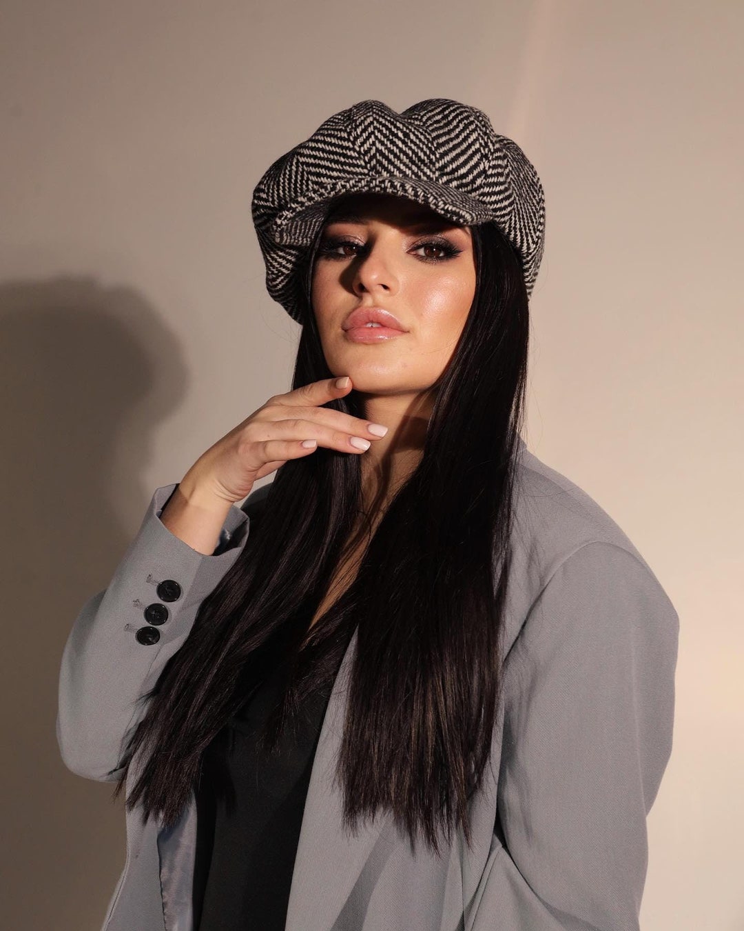 BIG Volume Wool Hat,black-white Herringbone Hat,mens Newsboy Cap ...