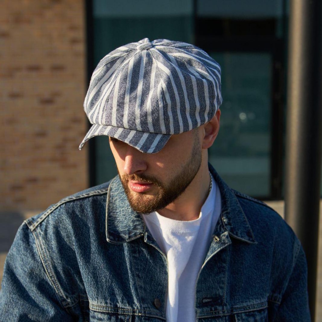 Blue-white Striped Cap,summer Linen Hat Man,linen Men's Newsboy Hat,sun ...