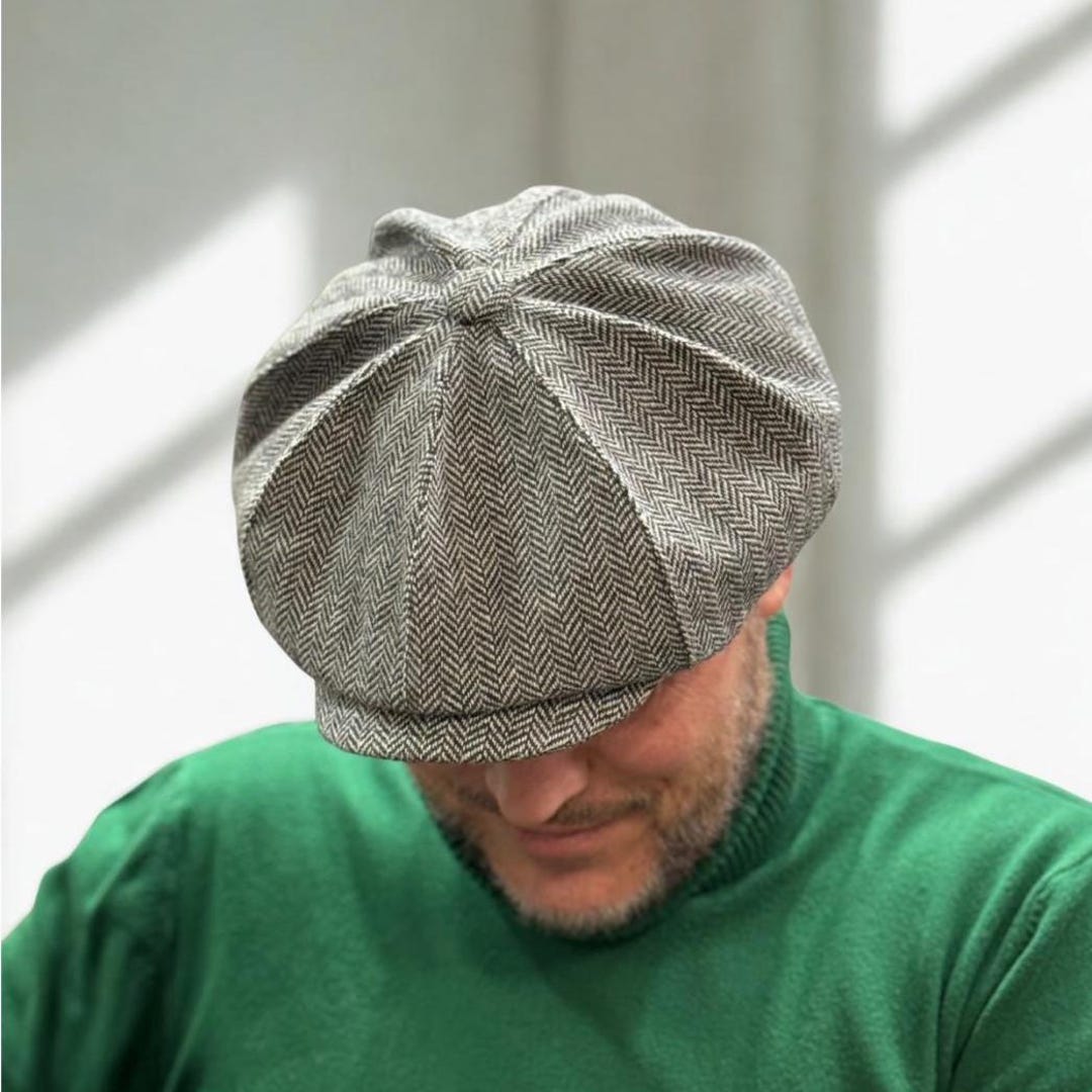 Spring Grey-black Herringbone Wool Cap,wool Newsboy Cap,grey-black ...
