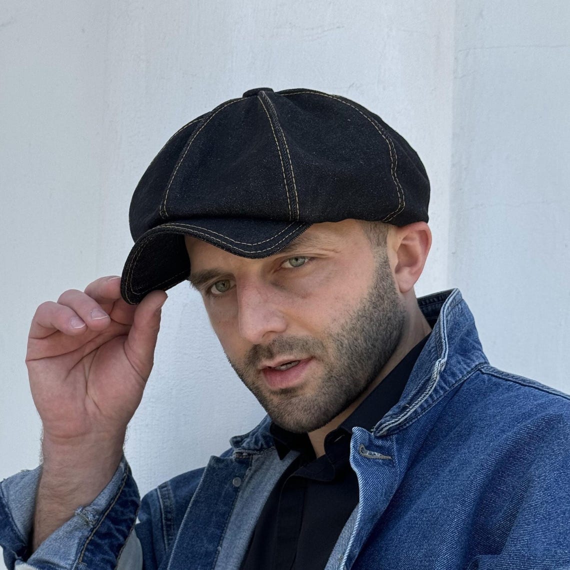 Black Denim Newsboy Cap,denim Applejack Cap Men,black Cabbie Hat,denim ...