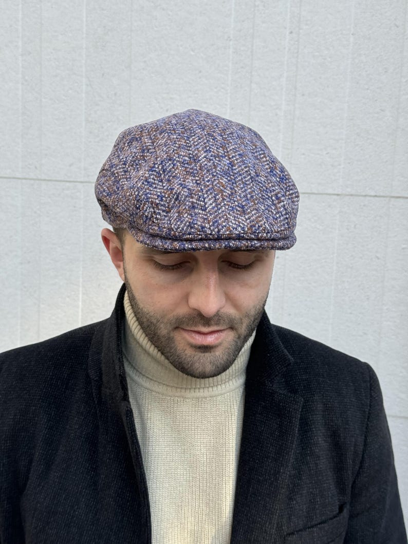 Brown-blue-white Wool Flat Cap,wool Gatsby Cap,handmade Wool Ivy Cap ...