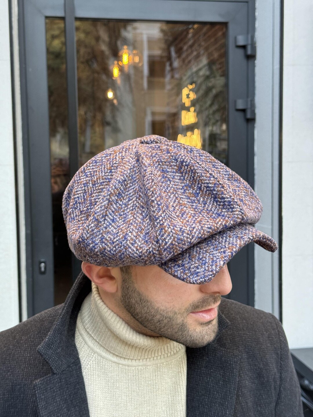 Herringbone Brown-blue Wool Hat, Autumn Wool Cap for Men,peaky Blinders ...