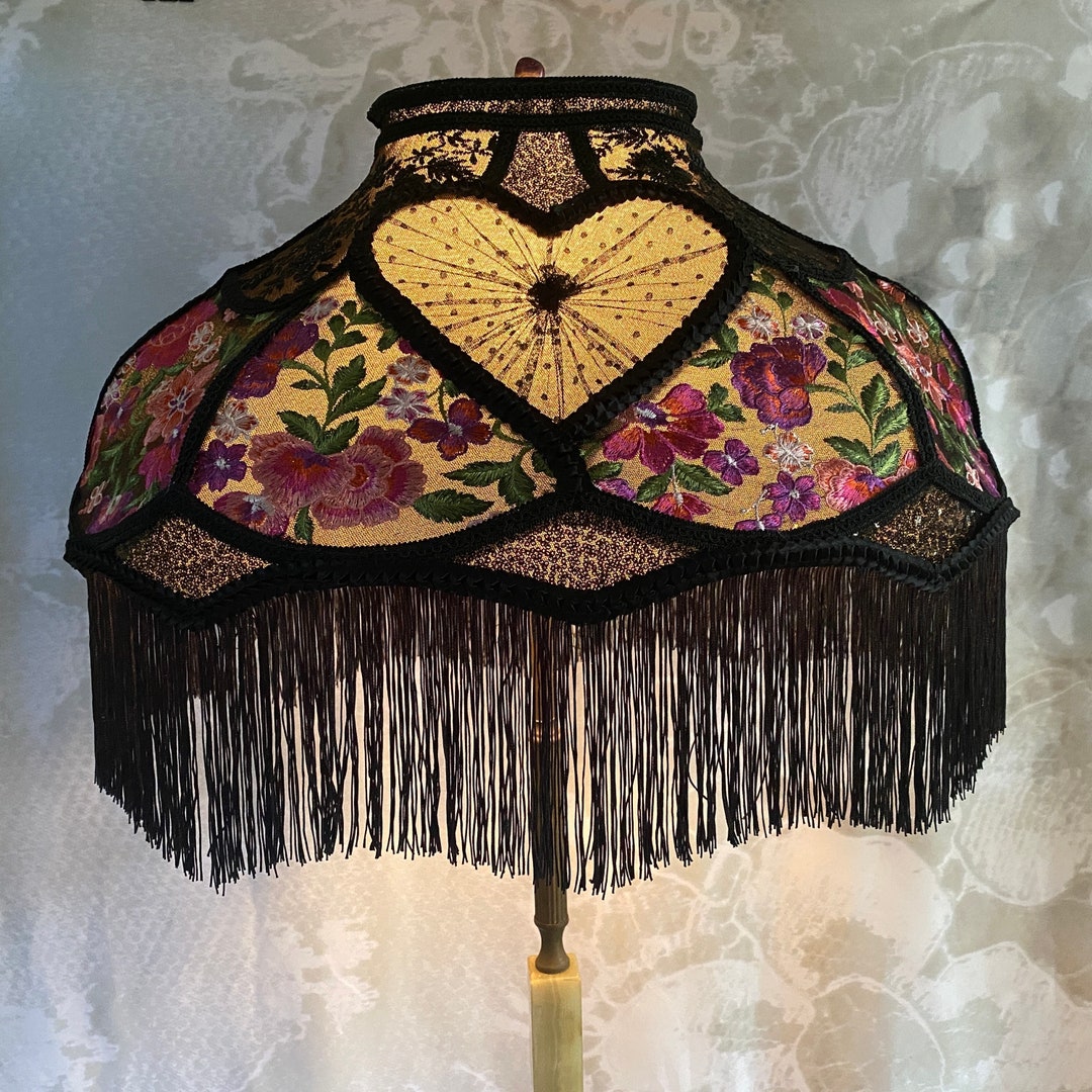 Black Victorian Goth Lace Lampshade With Fringe, Beaded Floor Shade W ...