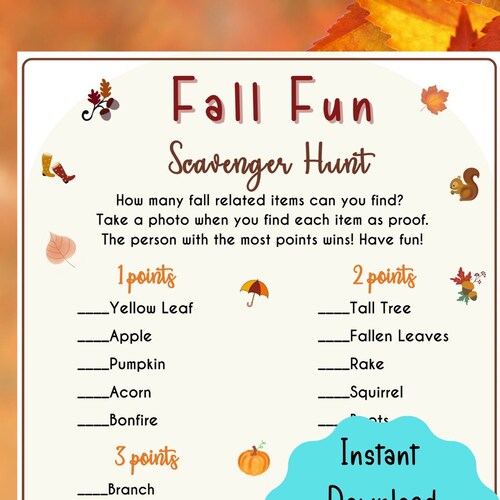 Fall Scavenger Hunt Printable Autumn Party Games Fall Time - Etsy