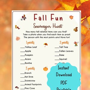 Fall Fun Scavenger Hunt Game Autumn Game Fall Party Printable Game ...
