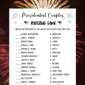 Fourth of July Presidential Couples Matching Game | Independence Day ...