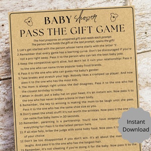 Baby Shower Pass the Gift Game Printable Game, Kraft Rustic Baby Shower ...