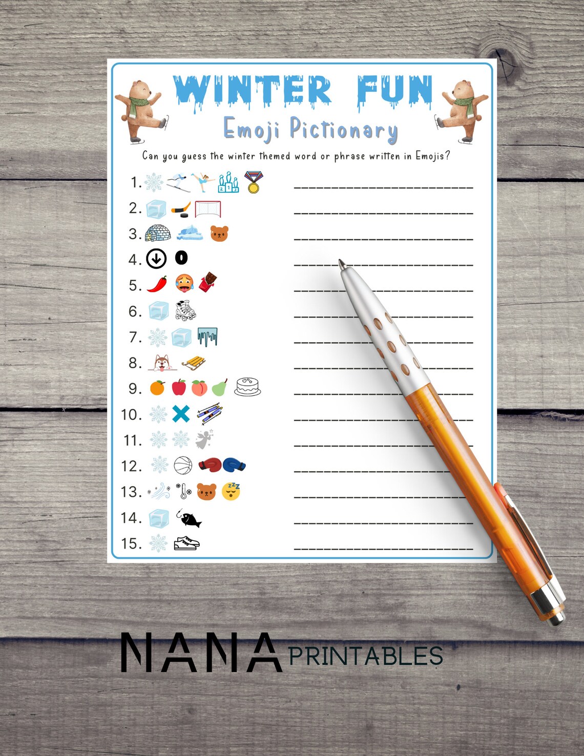 Winter Fun Emoji Pictionary Game Winter Printable Game Fun - Etsy