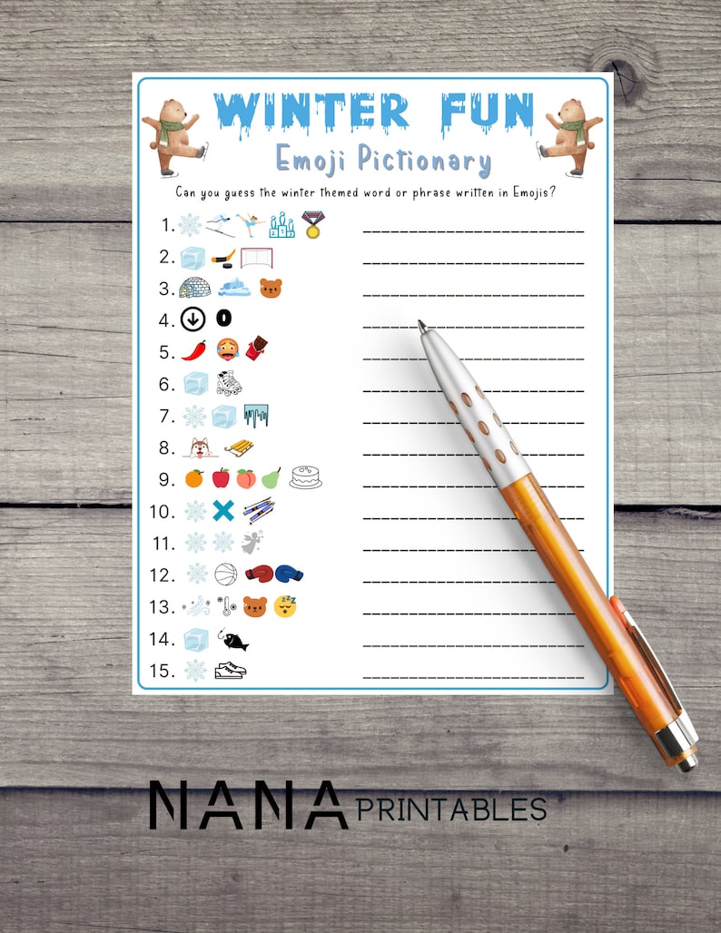 Winter Fun Emoji Pictionary Game Winter Printable Game Fun Winter ...
