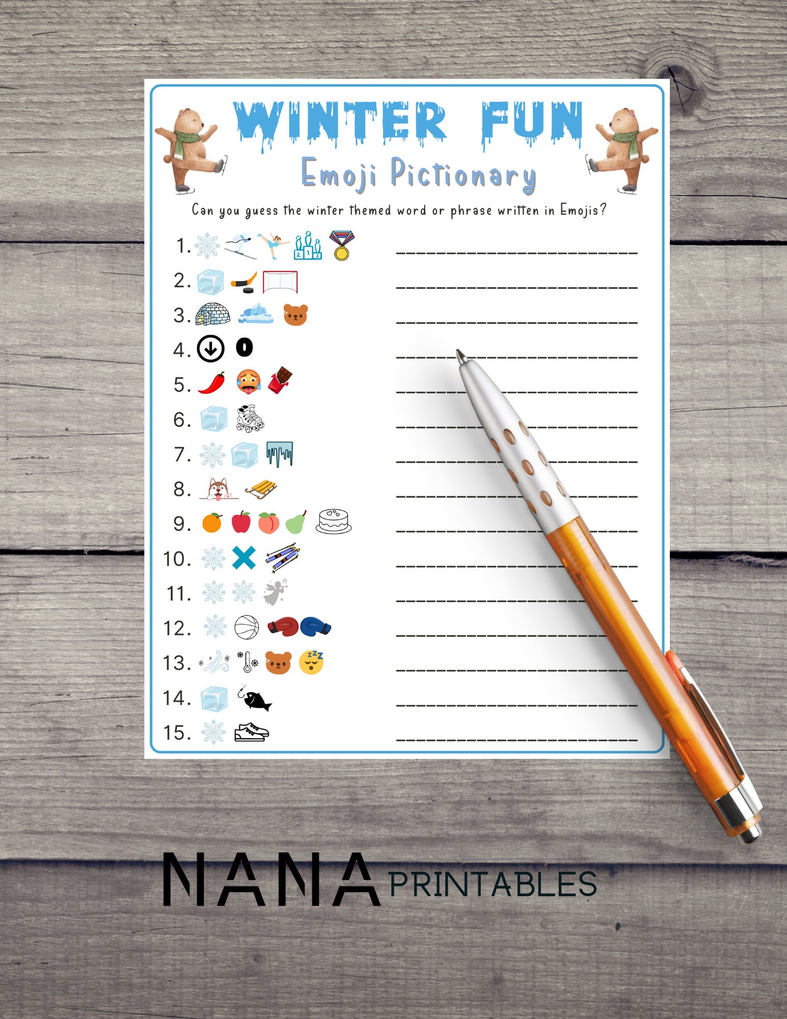 Winter Fun Emoji Pictionary Game Winter Printable Game Fun Winter ...