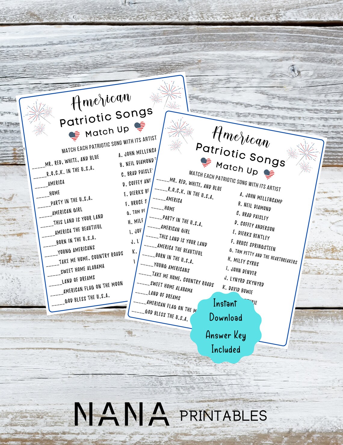 Fourth of July American Patriotic Songs Match Game - Etsy