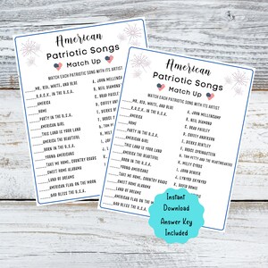 Fourth of July American Patriotic Songs Match Game | Independence Day ...