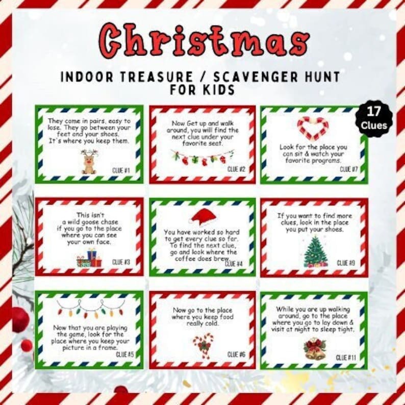 Christmas Scavenger Hunt Indoor for Kids, Christmas Treasure Hunt Clues ...