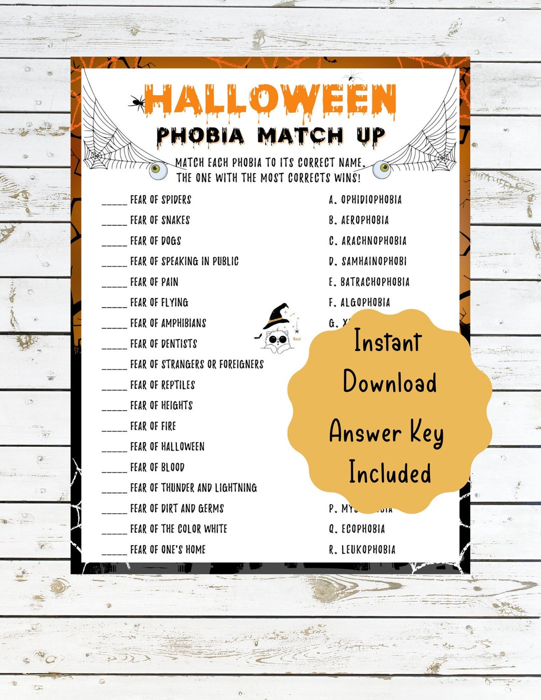 Halloween Phobia Match up Printable Game for Kids Adults Halloween ...