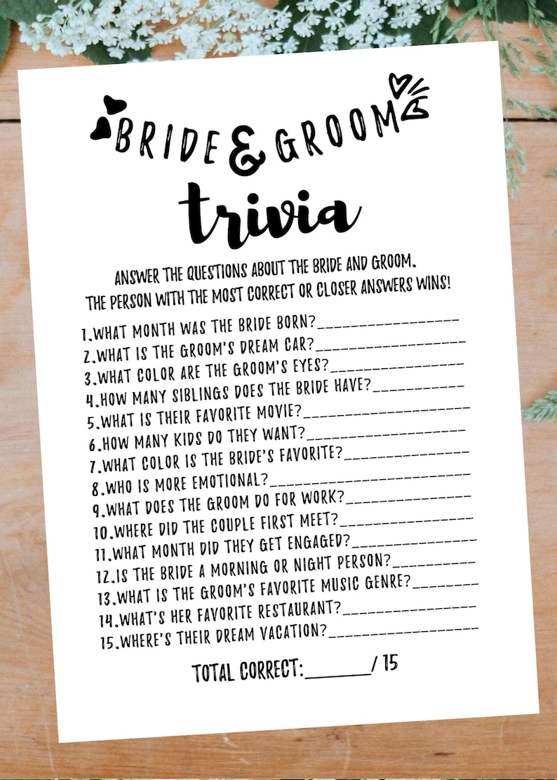 Bride And Groom Trivia Bridal Shower Game Printable Instant Etsy Uk