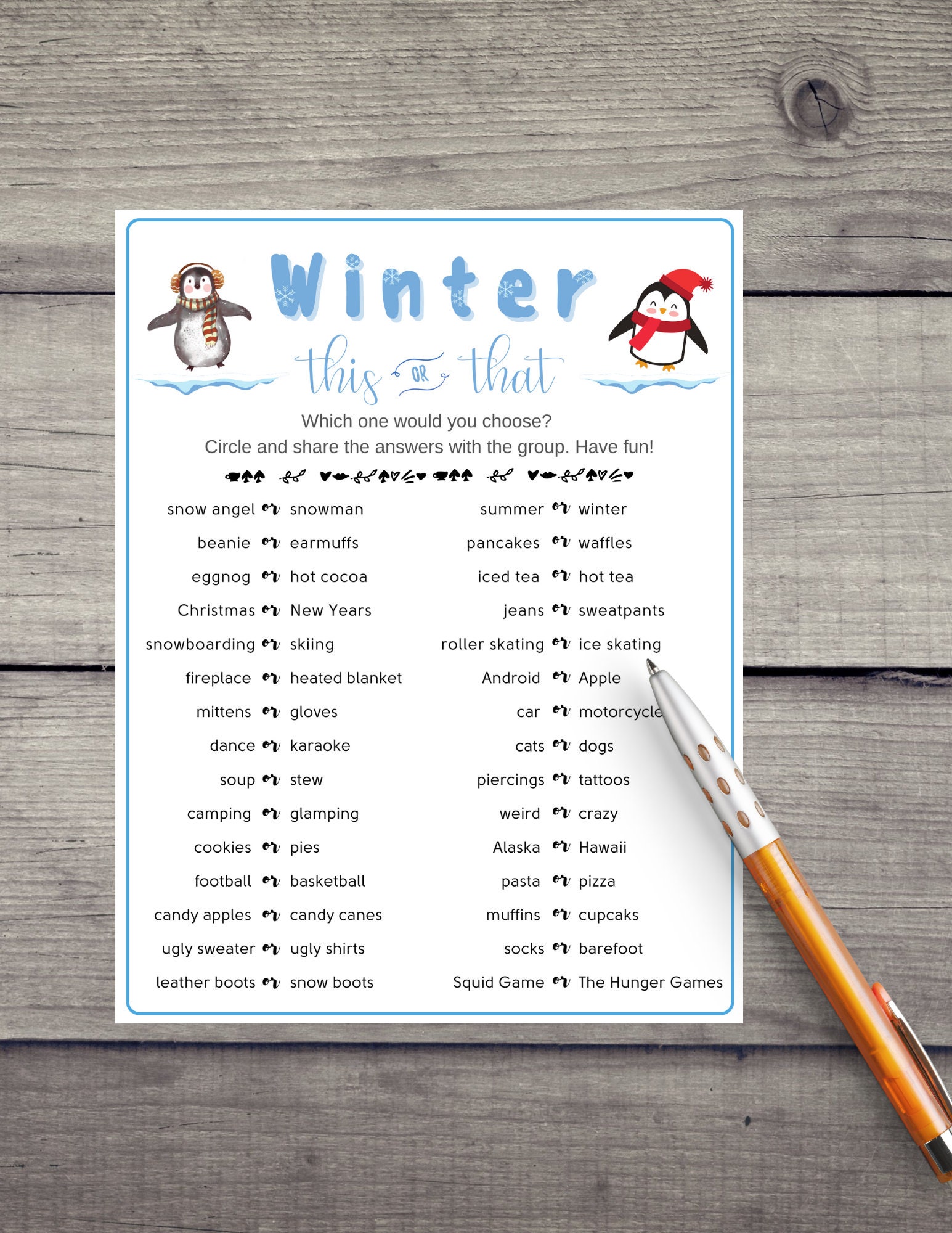 Winter This or That Printable Game Holiday Party Game Winter Activity ...