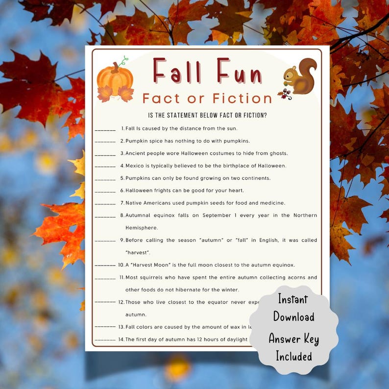 Fall Fact or Fiction Game: Printable Autumn Trivia (PDF Download) - Etsy