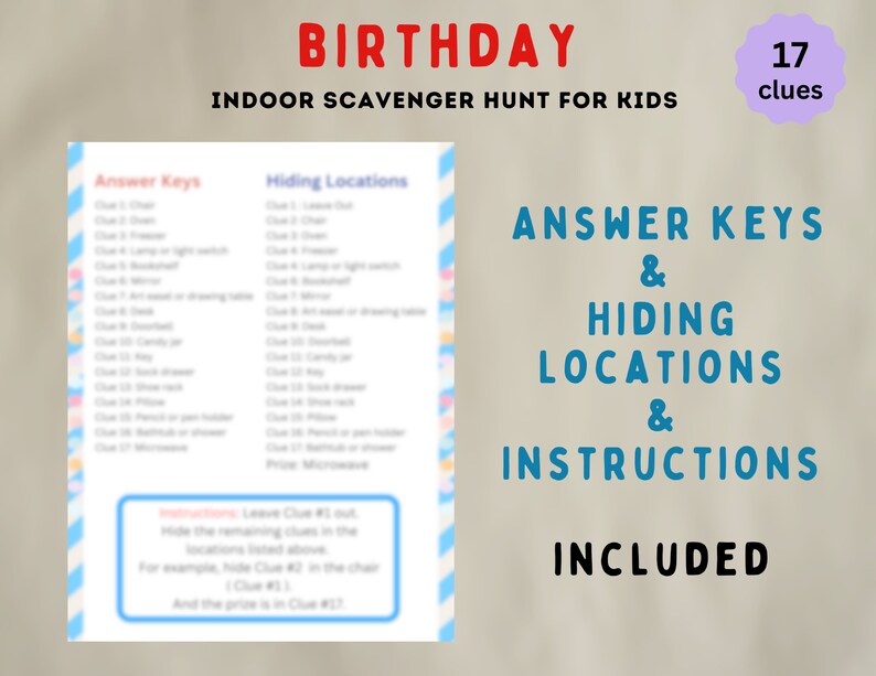 Indoor Birthday Scavenger Treasure Hunt for Kids, Indoor Scavenger Hunt ...