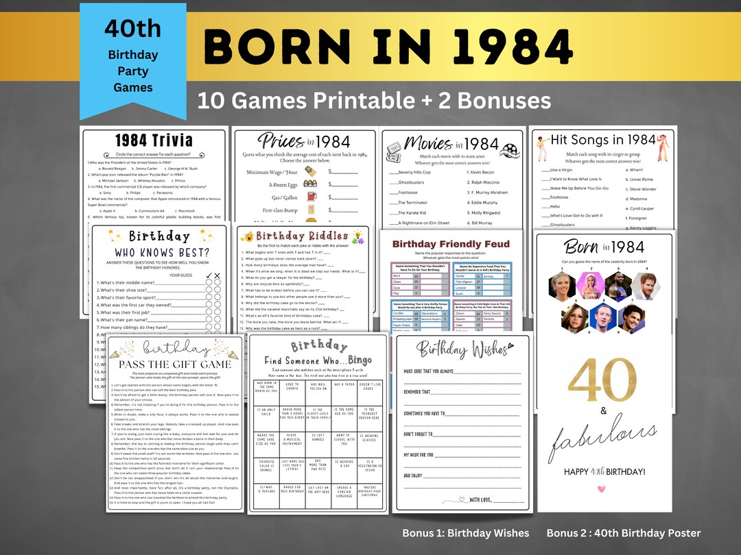 40th Birthday Games Bundle Born in 1984 Party Games Printable, 40th ...