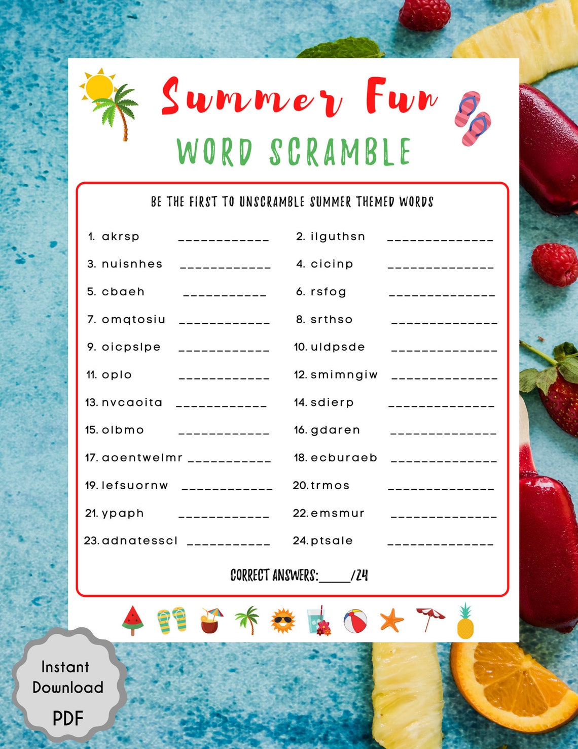 Summer Fun Word Scramble Game Pool Party Summer Party Game | Etsy