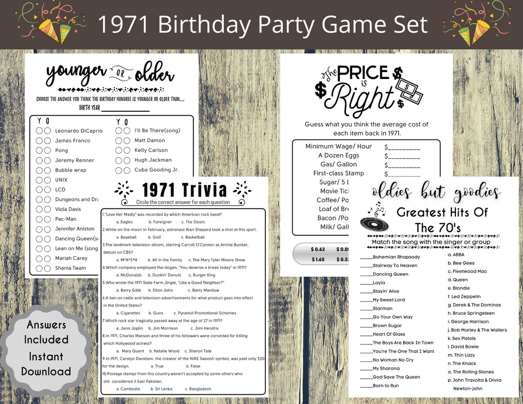 Born in 1971 Birthday Games Bundle 54th Birthday Party Games 1971 ...